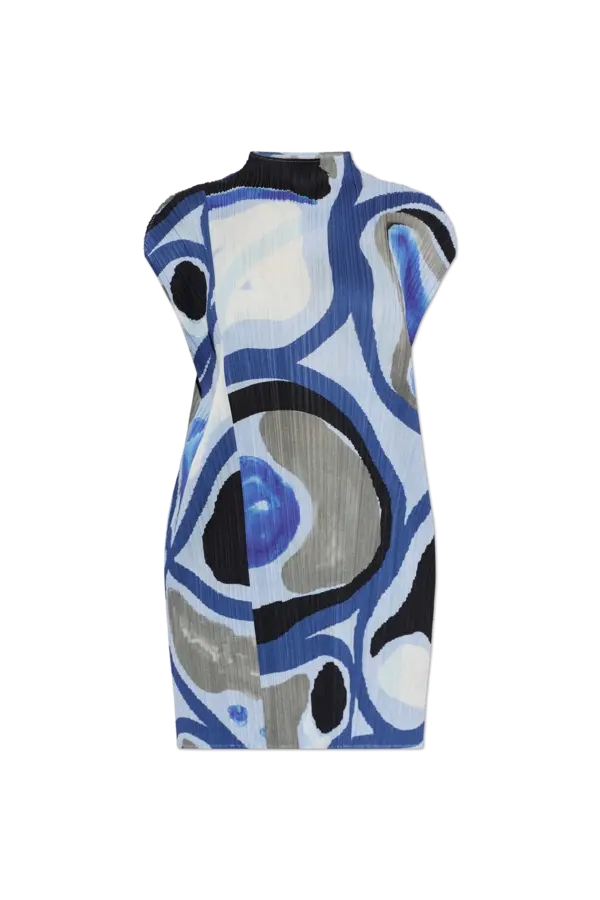 Issey Miyake Sleeveless Abstract Print Pleated Dress - Blue