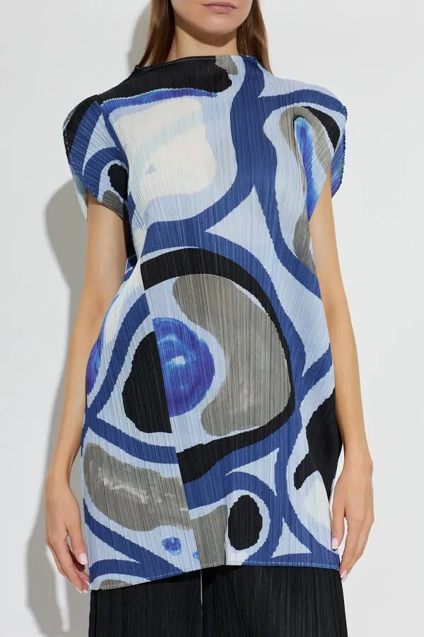 Issey Miyake Sleeveless Abstract Print Pleated Dress