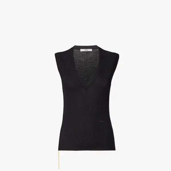 Fendi Wool Rib Knit V-neck Sleeveless Top
