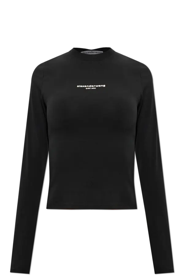 Alexander Wang Long Sleeve Cropped Top With Embossed Logo - Black