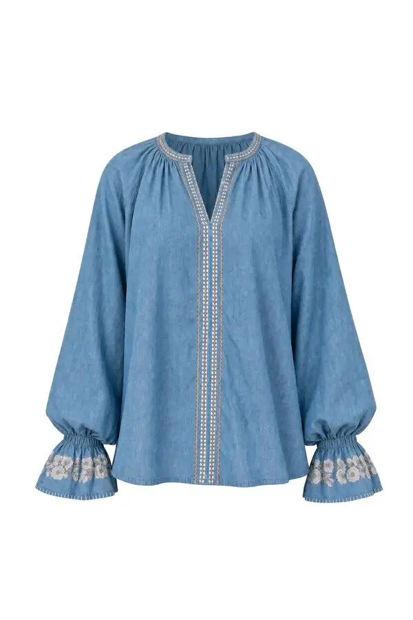 Adrift Clothing Robin Chambray Frill Blouse In Eterna