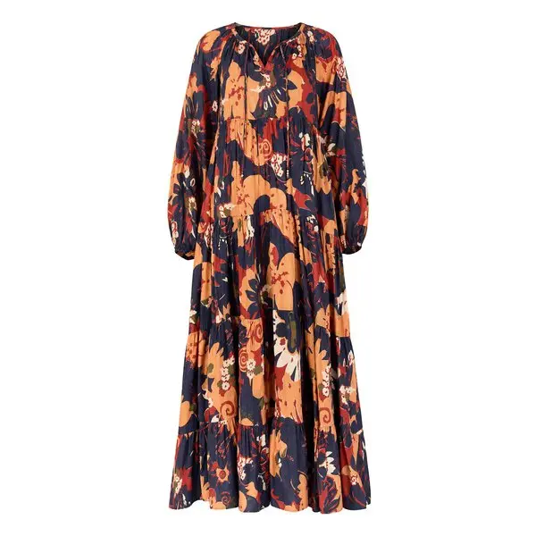 Adrift Clothing Layla Cotton Silk Tiered Maxi Dress In Wildwood Print - Blue