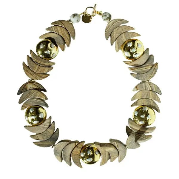 EDGAR NAVARRO JEWELRY Edgar Navarro Moon Phases Necklace With Picture Jasper And Gold-plated Pearl Encrusted Beads - Gold/brown