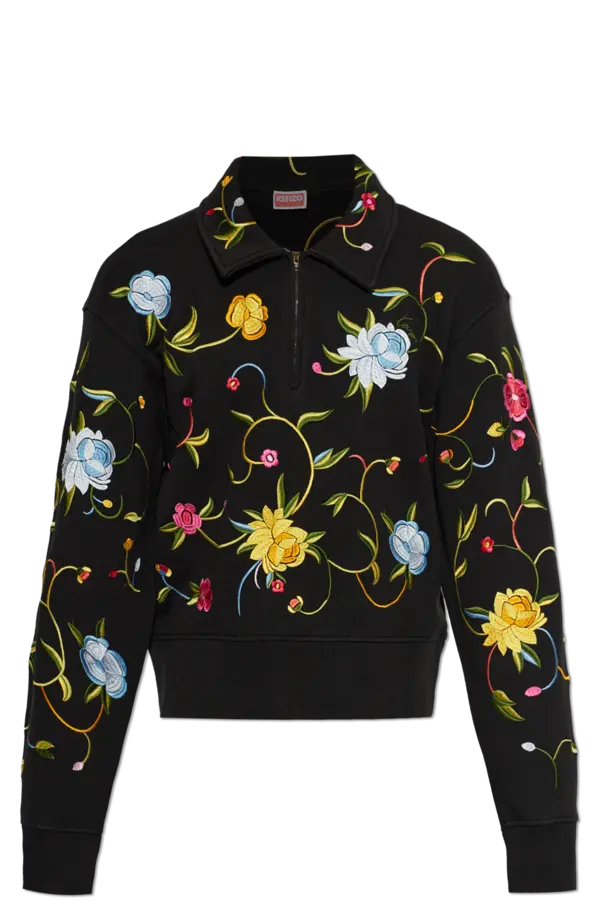 Kenzo Cotton Polo Shirt With Floral Motif - Black