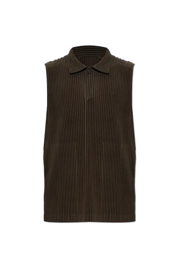 Issey Miyake Sleeveless Pleated Polo Shirt - Brown