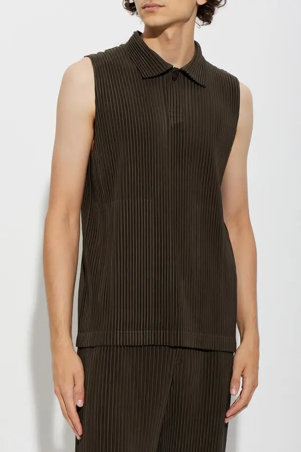 Issey Miyake Sleeveless Pleated Polo Shirt - Brown