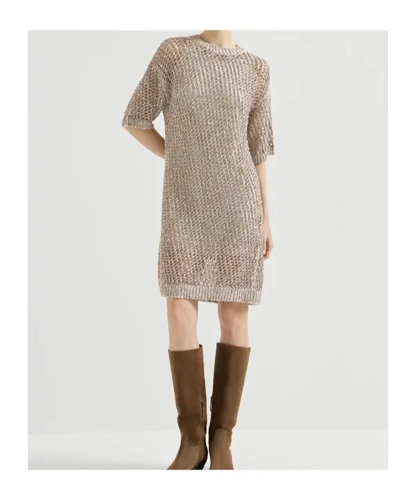 Brunello Cucinelli Silk And Linen Chiné Net Knit Dress - Nude