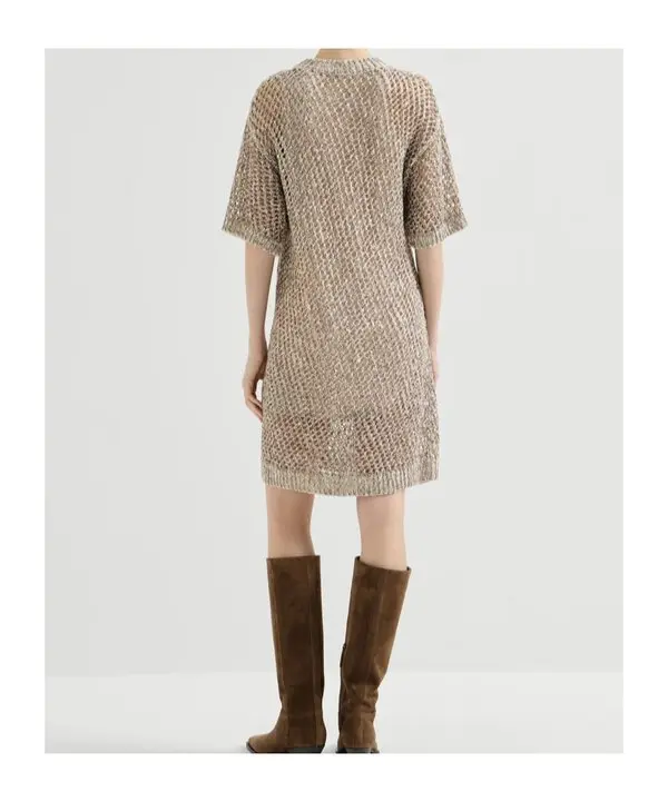 Brunello Cucinelli Silk And Linen Chiné Net Knit Dress - Nude