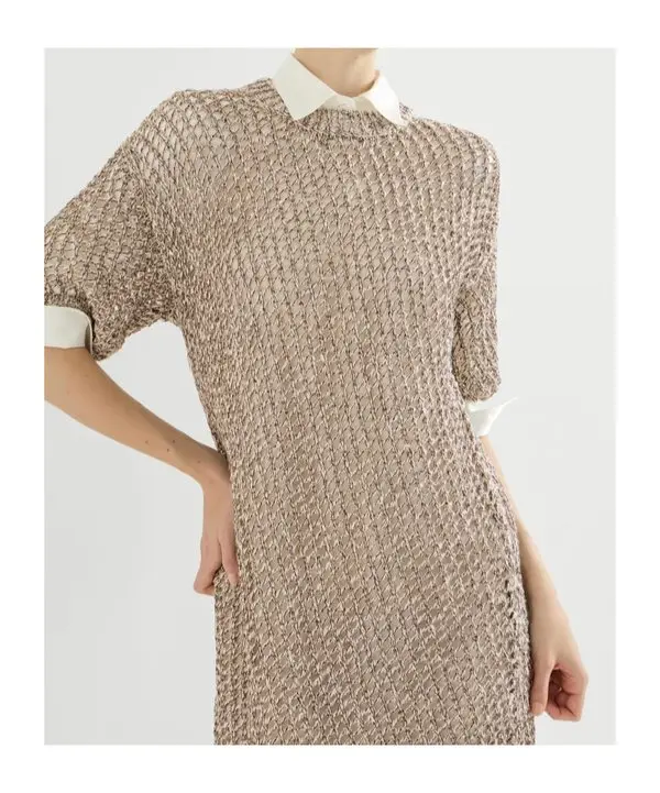 Brunello Cucinelli Silk And Linen Chiné Net Knit Dress - Nude