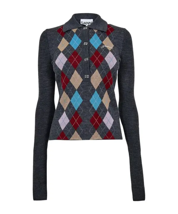 GANNI Argyle Knit Polo Shirt - Black