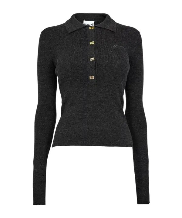 GANNI Polo Collar Knitwear With Logo Detail - Black