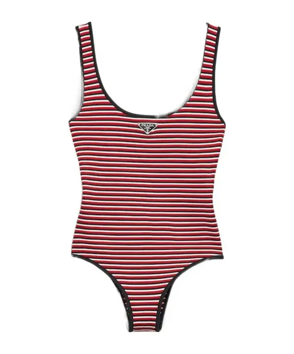 Prada Striped Interlock Jersey One-piece Swimsuit - Black/red