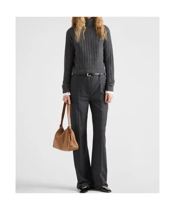 Prada Re-cashmere Turtleneck Sweater With Ribbed Details - Limestone Ash