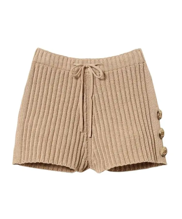 TWINSET Ribbed Knit Shorts With Button Detail - Nude