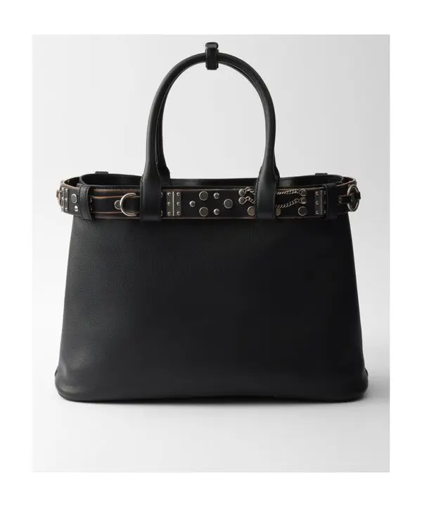 Prada Buckle Large Leather Bag With Studded Belt