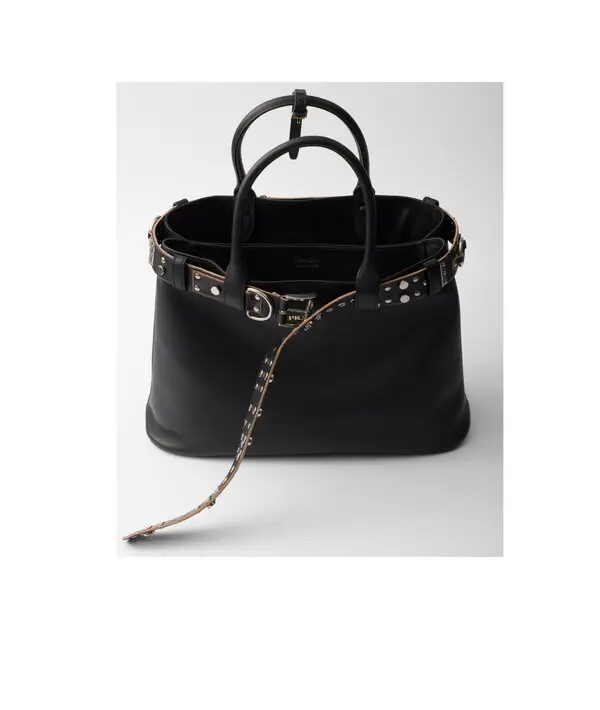 Prada Buckle Large Leather Bag With Studded Belt