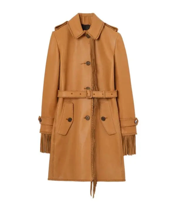 Burberry Short Fringed Leather Car Coat - Sandy Brown