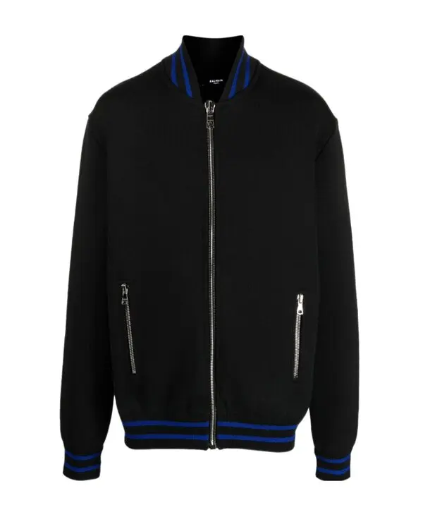 Balmain Drop Shoulder Knitted Bomber Jacket With Zip-up Closure And Striped Details