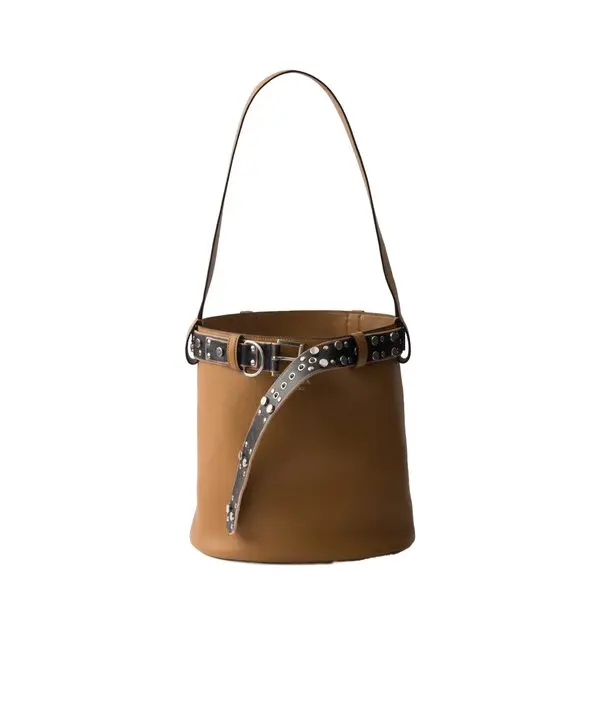 Prada Buckled Leather Bucket Bag With Studded Belt