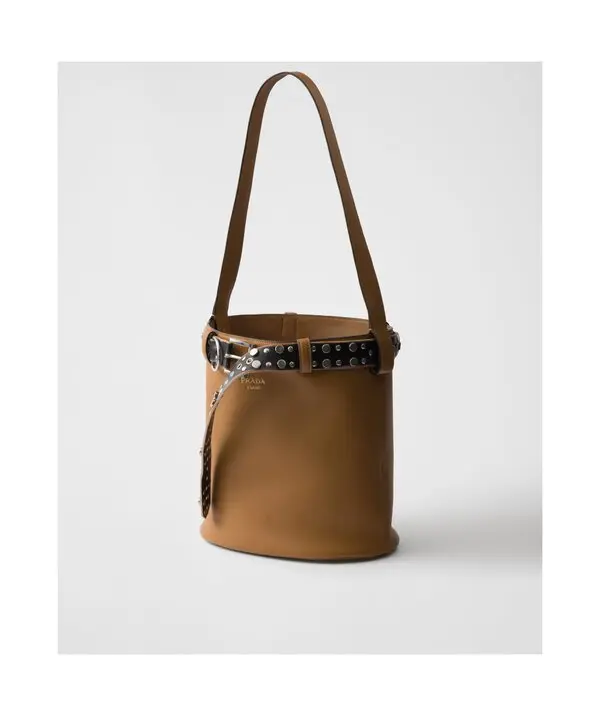 Prada Buckled Leather Bucket Bag With Studded Belt