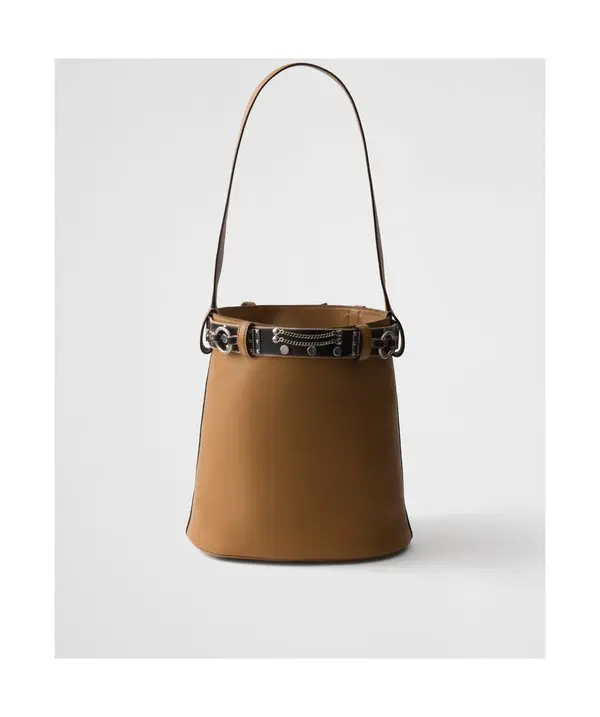 Prada Buckled Leather Bucket Bag With Studded Belt