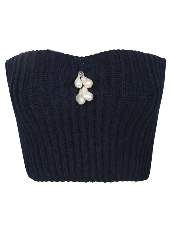 Prada Strapless Ribbed Knit Top With Mother Of Pearl Pendant