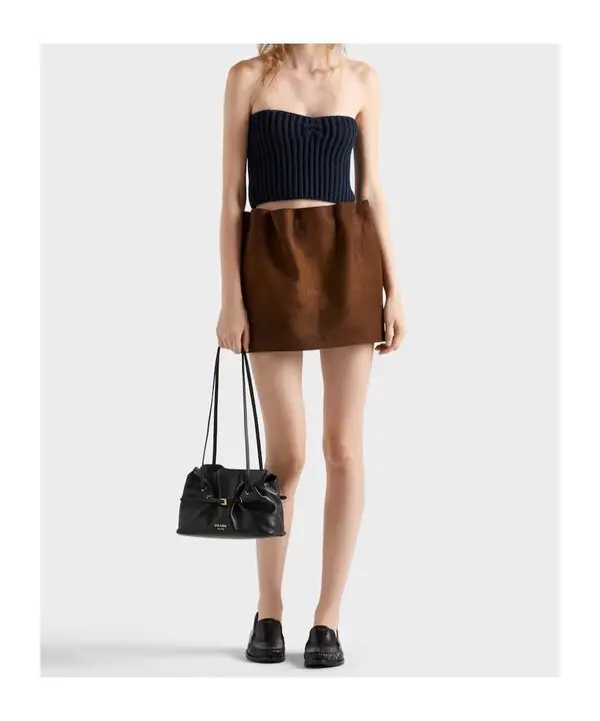 Prada Strapless Ribbed Knit Top With Mother Of Pearl Pendant