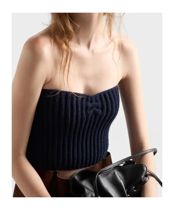 Prada Strapless Ribbed Knit Top With Mother Of Pearl Pendant