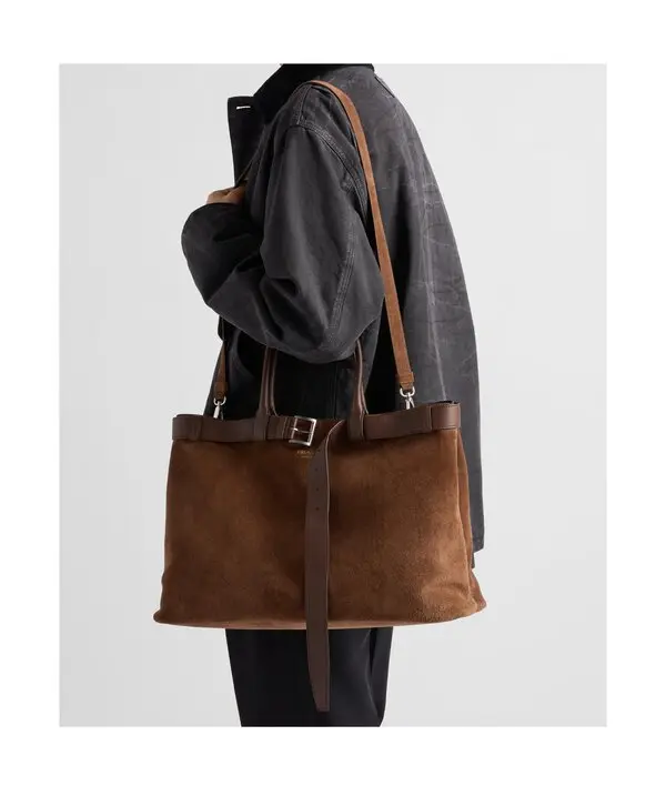 Prada Suede Tote Bag With Buckle Detail - Cocoa Brown