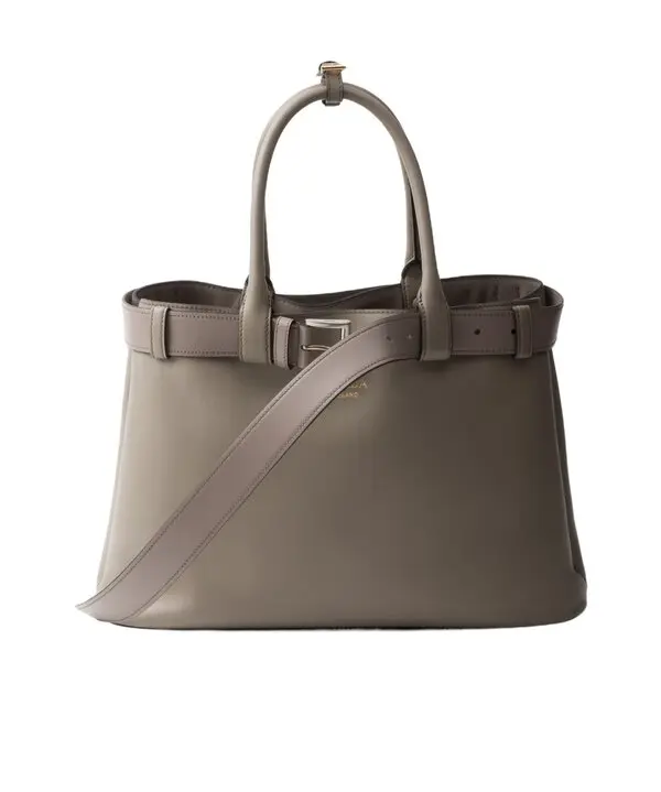 Prada Buckle Large Leather Handbag With Belt - Muddy Gray