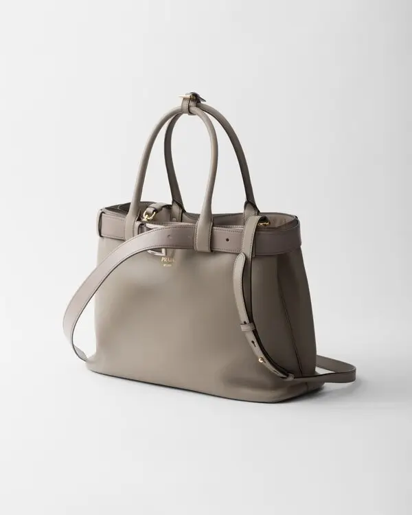 Prada Buckle Large Leather Handbag With Belt - Muddy Gray