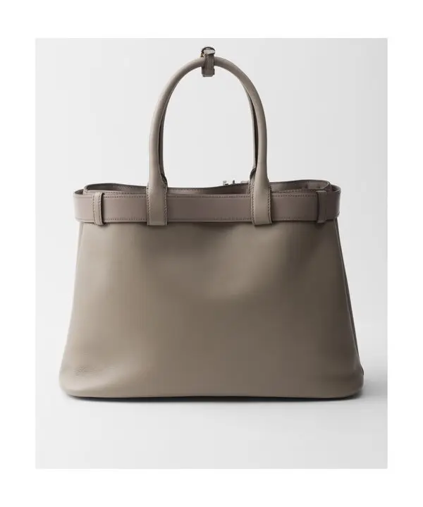 Prada Buckle Large Leather Handbag With Belt - Muddy Gray