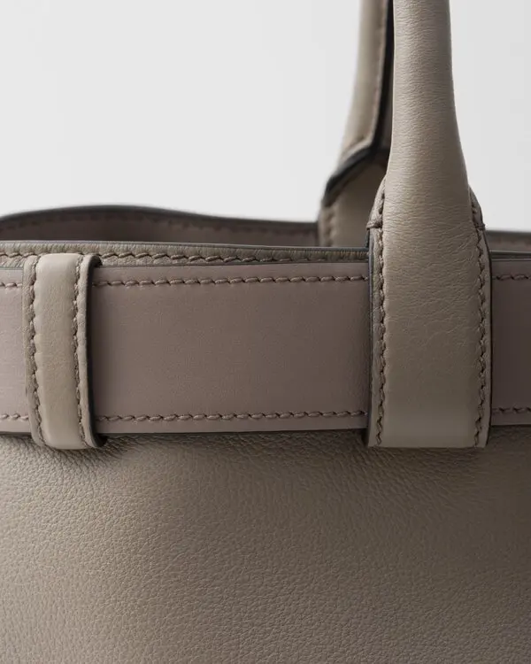 Prada Buckle Large Leather Handbag With Belt - Muddy Gray