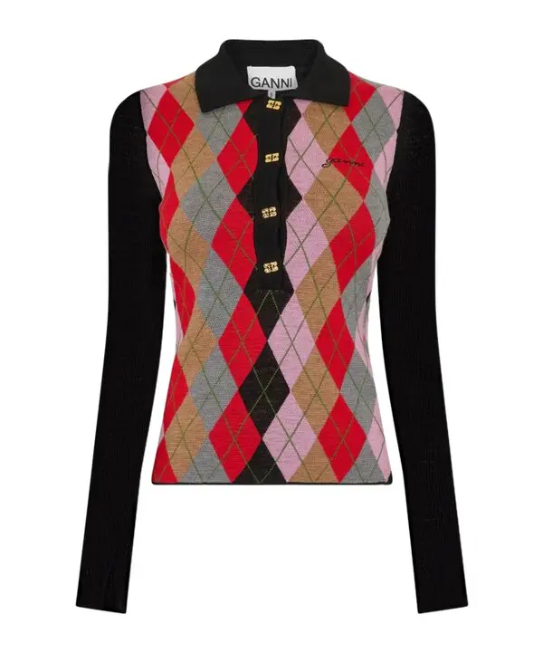 GANNI Argyle Knit Polo Top