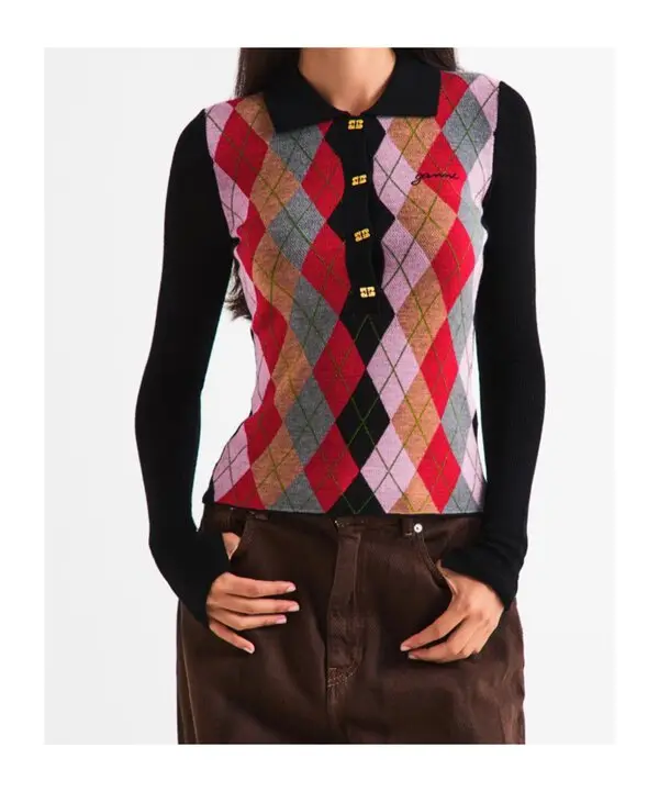 GANNI Argyle Knit Polo Top