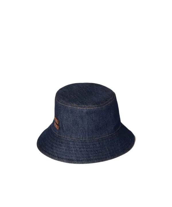 Miu Miu Denim Bucket Hat With Leather Logo - Blue/brandy