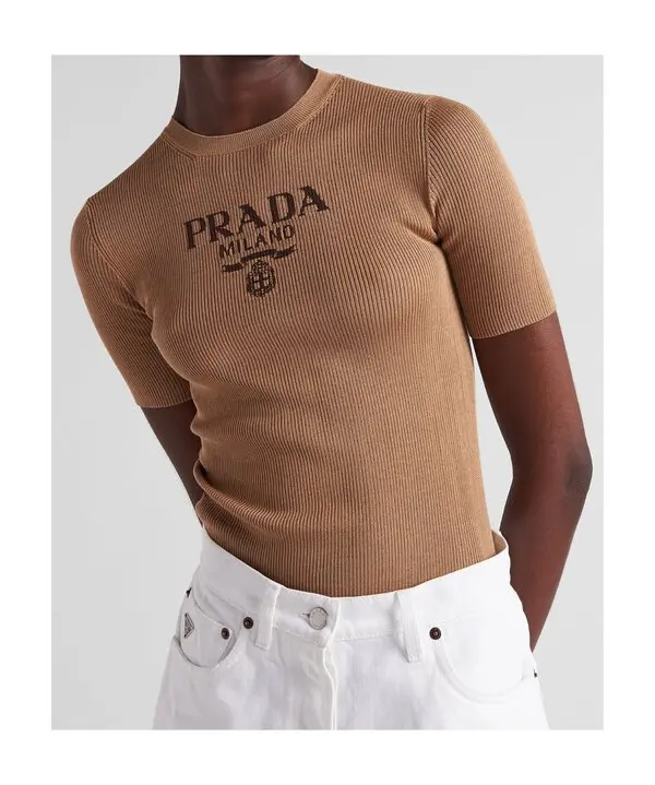 Prada Logo Embroidered Ribbed Top
