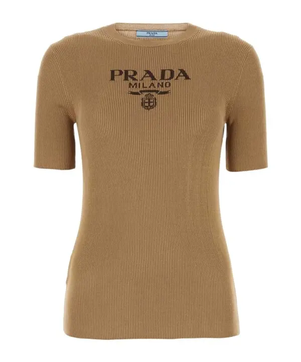 Prada Logo Embroidered Ribbed Top - Camel Brown