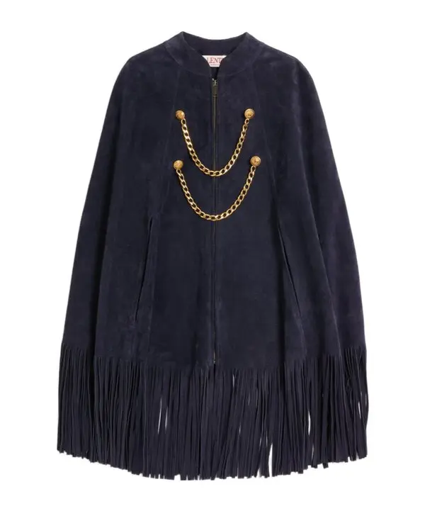 Valentino Garavani Suede Fringed Cape With Gold Tone Chain Detailing