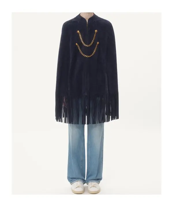 Valentino Garavani Suede Fringed Cape With Gold Tone Chain Detailing
