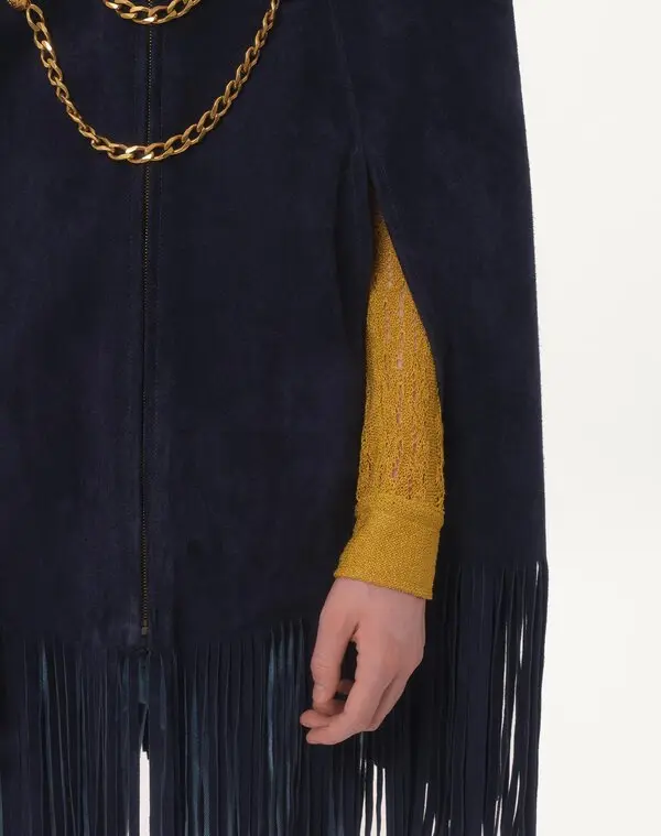 Valentino Garavani Suede Fringed Cape With Gold Tone Chain Detailing
