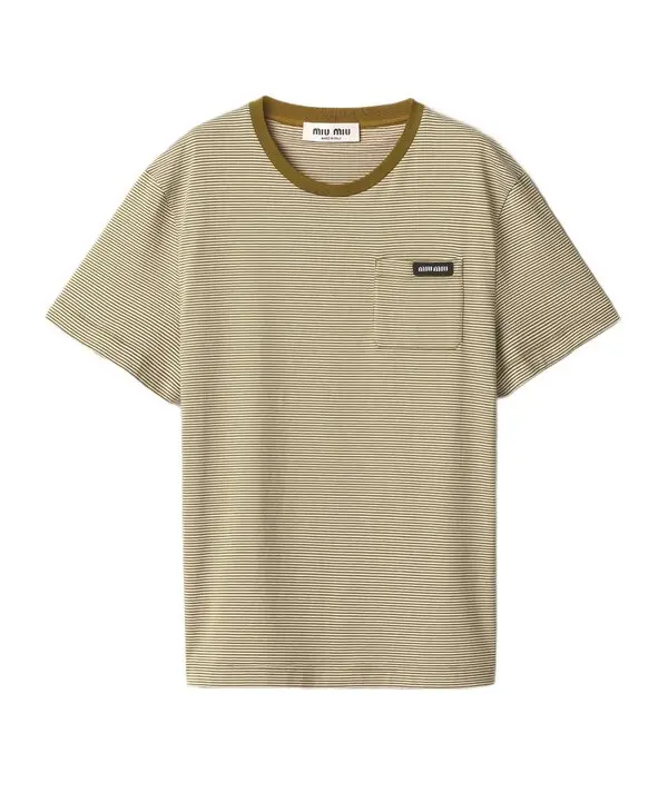 Miu Miu Striped Cotton T-shirt With Pocket - Ivory/olive