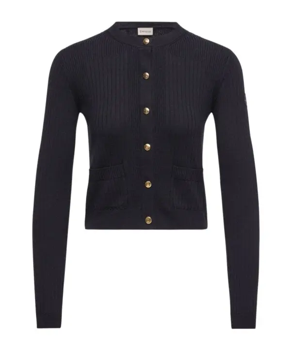 Moncler Leather Logo Wool Blend Cardigan