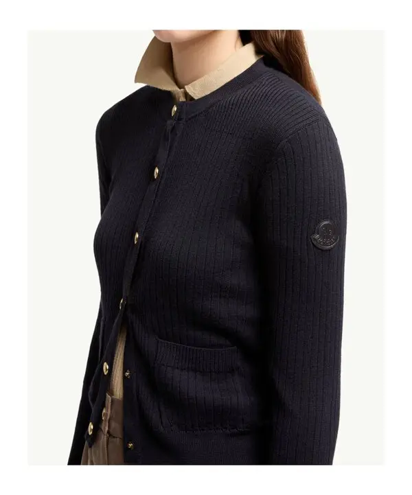 Moncler Leather Logo Wool Blend Cardigan