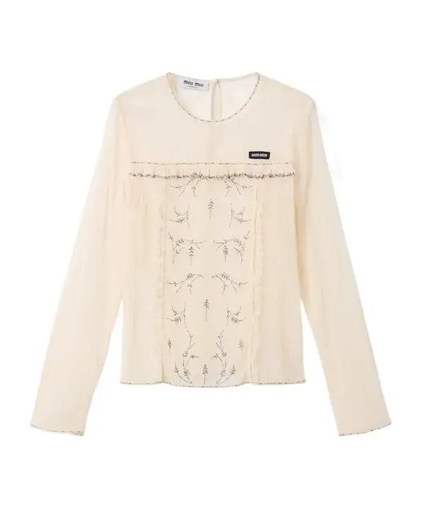 Miu Miu Embroidered Tulle Top - Nude