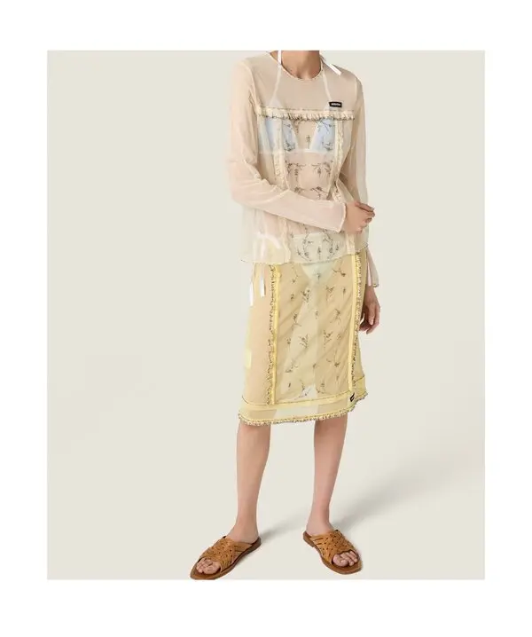 Miu Miu Embroidered Tulle Top - Nude