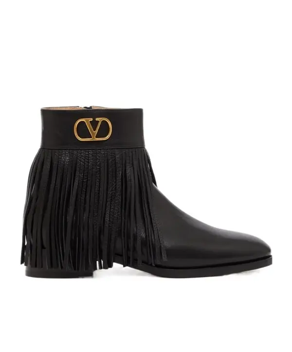Valentino Garavani Leather Ankle Boots With Fringe And Logo Detail