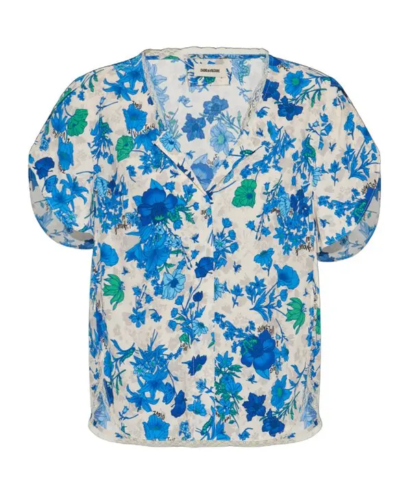 Zadig&Voltaire Tiffiny Floral Printed V-neck Top With Lace Detail - Blue