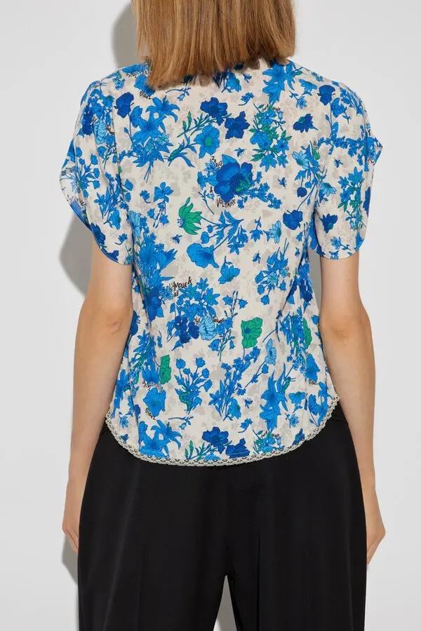 Zadig&Voltaire Tiffiny Floral Printed V-neck Top With Lace Detail - Blue