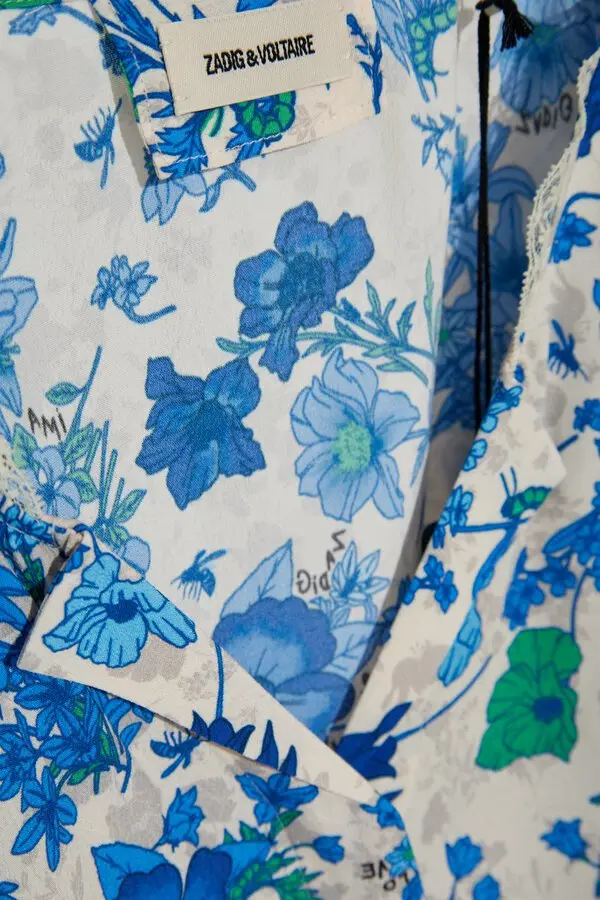 Zadig&Voltaire Tiffiny Floral Printed V-neck Top With Lace Detail - Blue